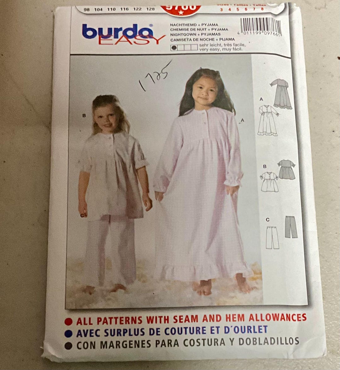 Burda 9766 Sewing Pattern, Girls' Pajama and Long Nightgown Semi Fitted ...