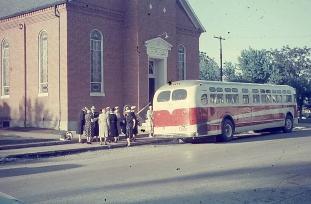 Vintage 35mm Slide Americana Bus Church People Street Scene Milstadt ...