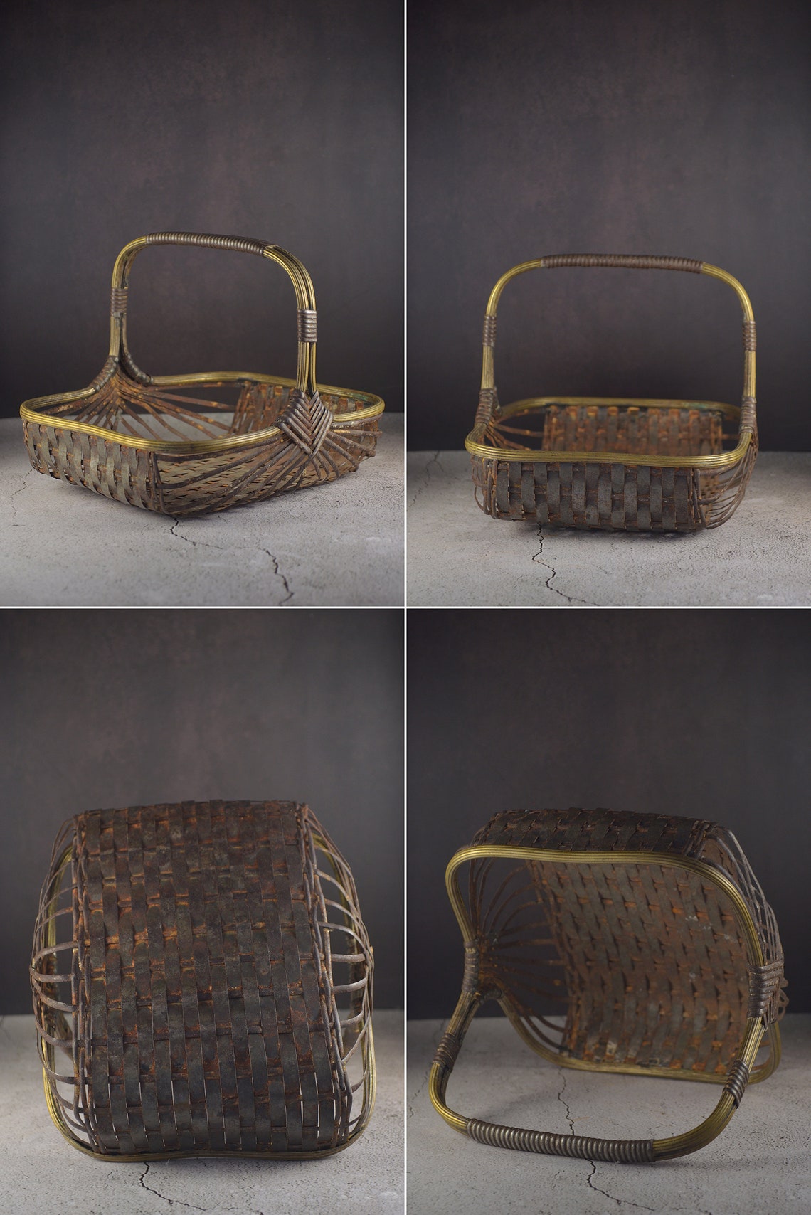 Vintage Metal and Brass Wicker Basket With Handle Rustic - Etsy