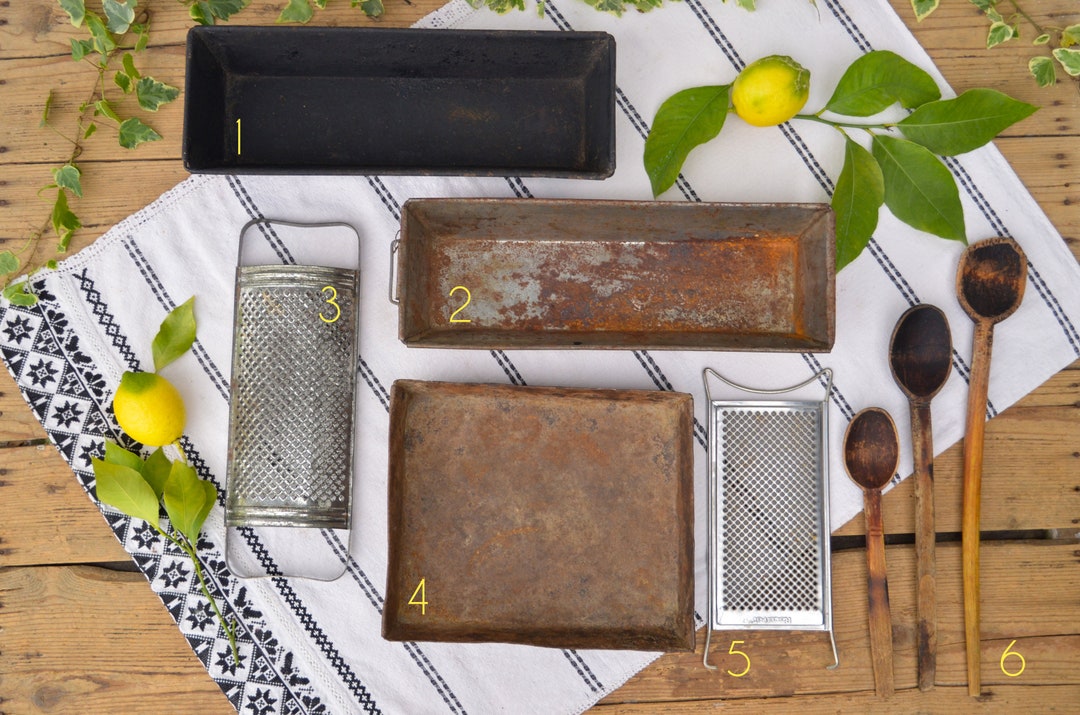 Set of Vintage Rusty Baking Tray, Loaf Pans, Graters and Wooden Spoons ...