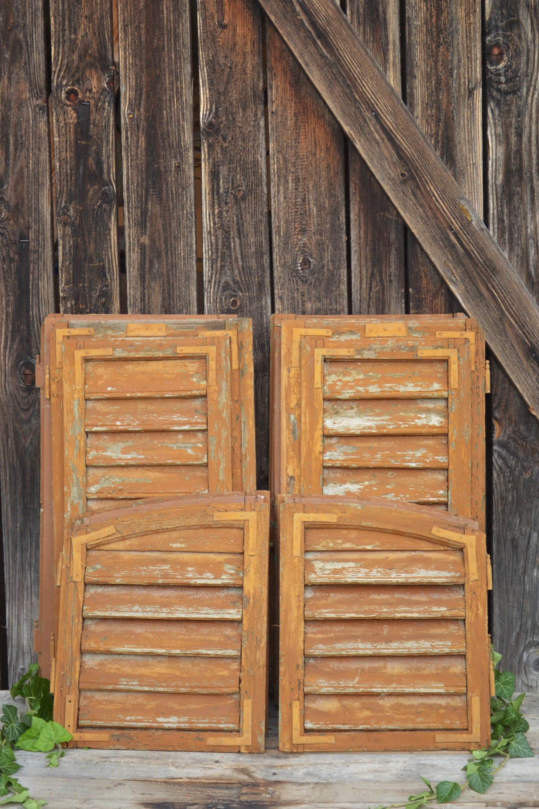 Antique Wooden Louvered Window Shutters Ochre, Set of 2 Panels - Etsy