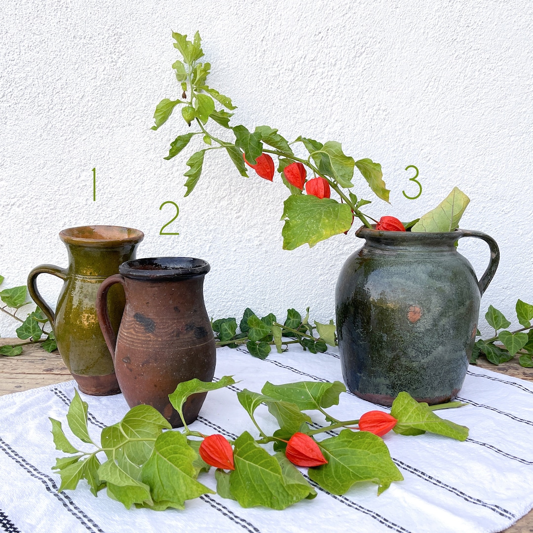 Primitive Jugs, Traditional Glazed Clay Pitcher, Vintage European Water ...
