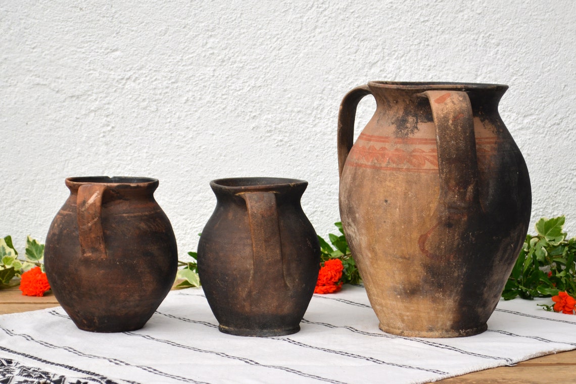 Primitive Jugs Rustic Burned Clay Pitcher Old Cooking Vessel | Etsy