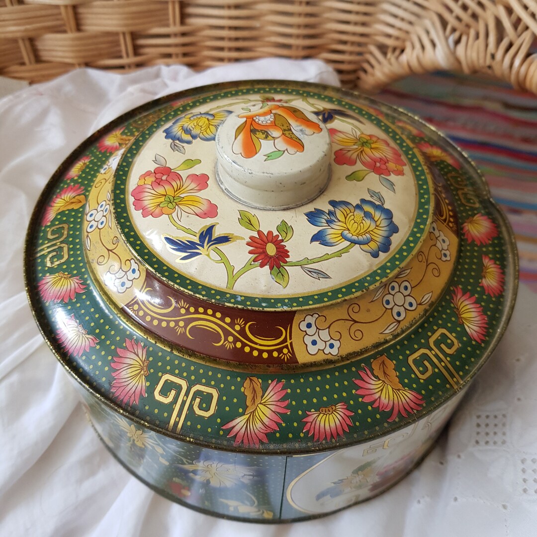 Pretty Vintage Decorative Tin With Oriental Flower Design. - Etsy UK