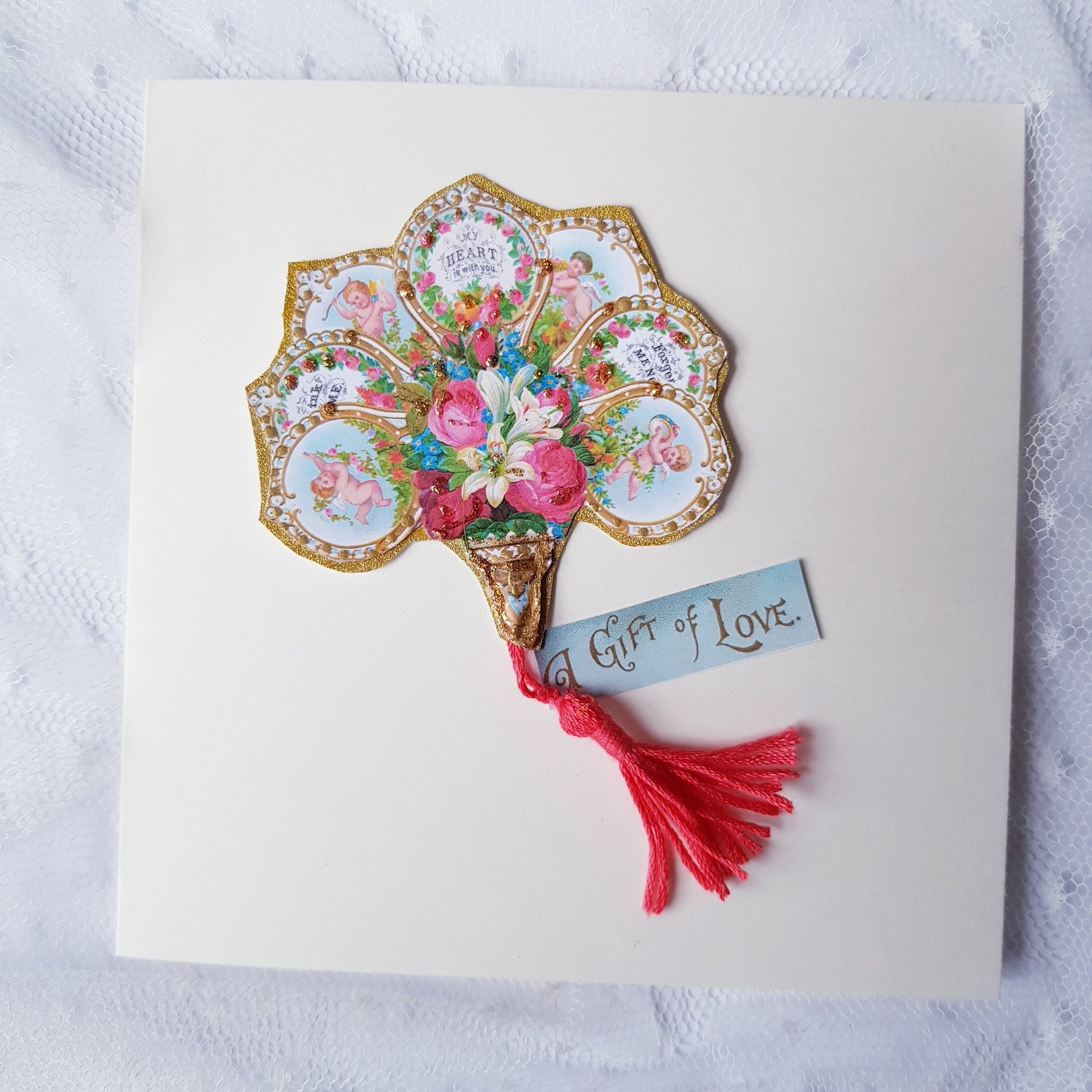 Lovely Vintage Style Fan Greeting Card on Premium Cream Card With Silk ...