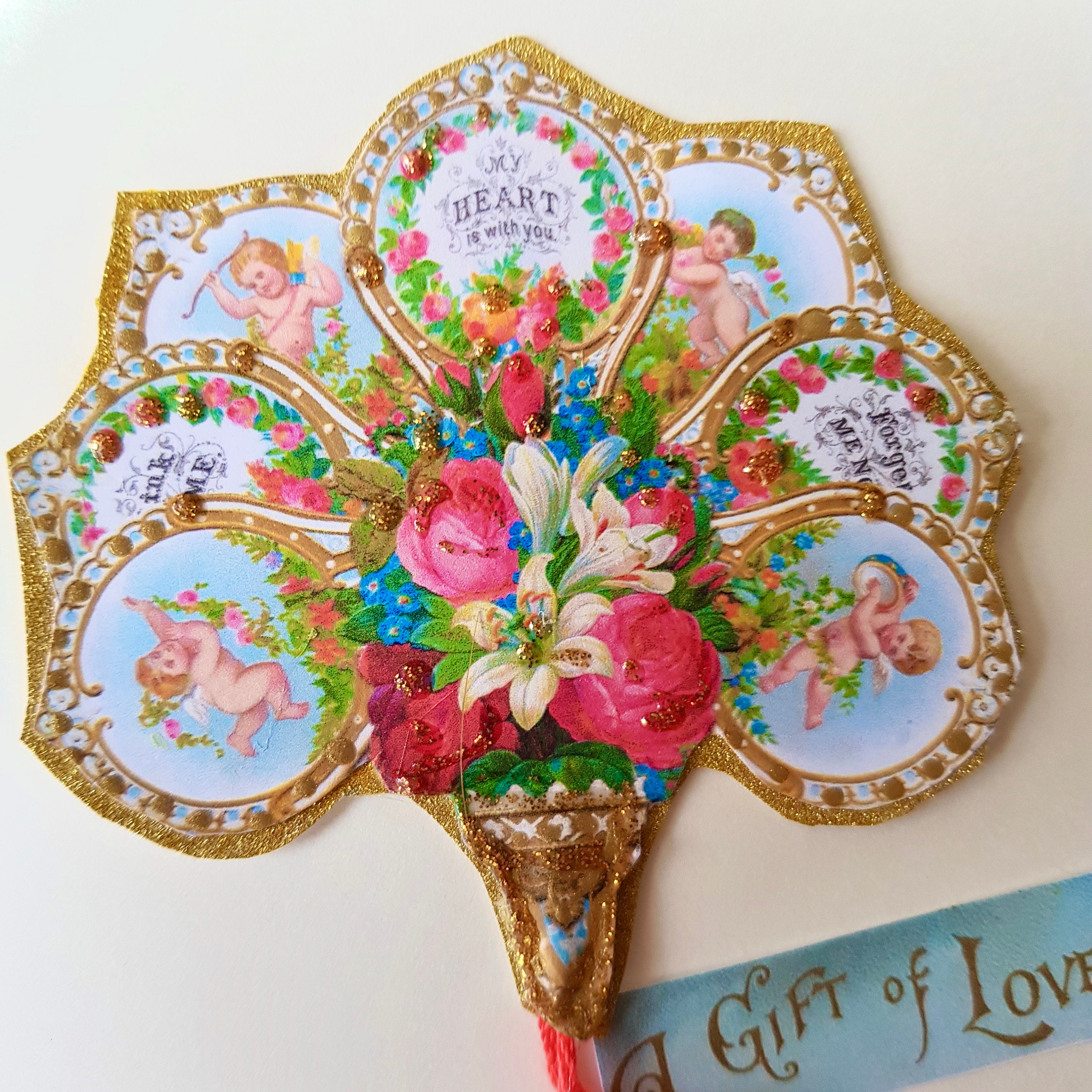 Lovely Vintage Style Fan Greeting Card on Premium Cream Card With Silk ...