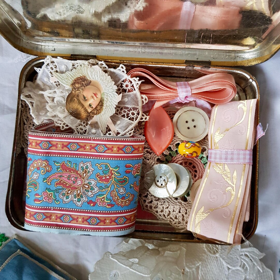 Vintage Notions in a Cadburys Tin. Ribbons, Lace, and Mother of Pearl ...