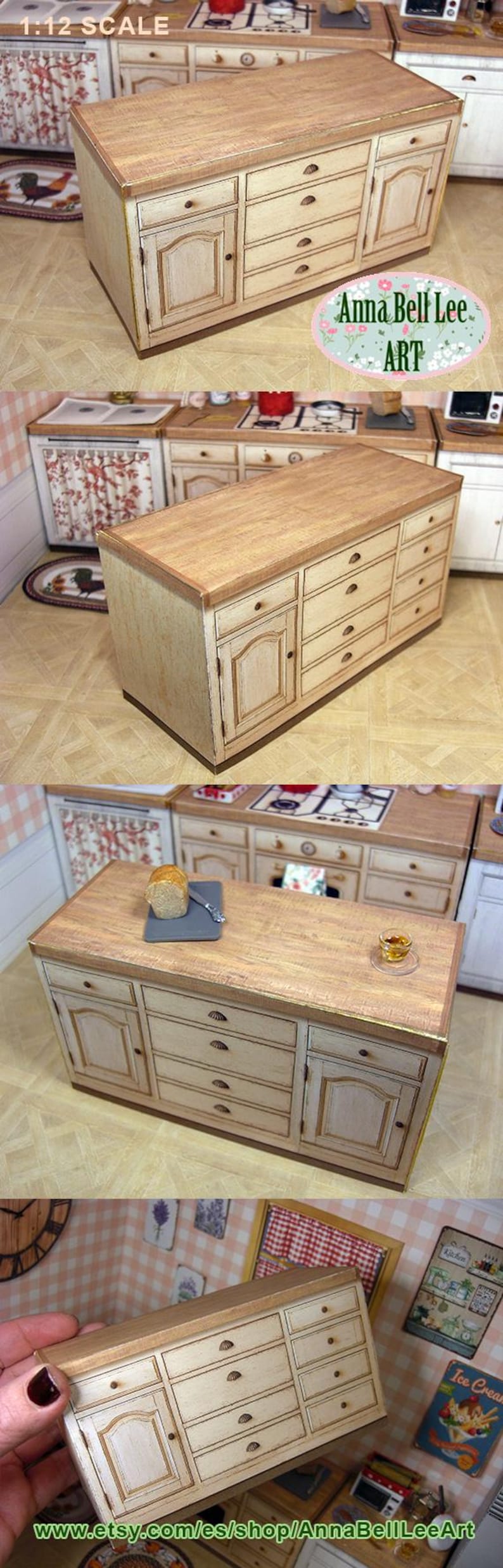 1:12 Miniature Kitchen Wooden Islan, Work Surface, Dollhouse Table With ...