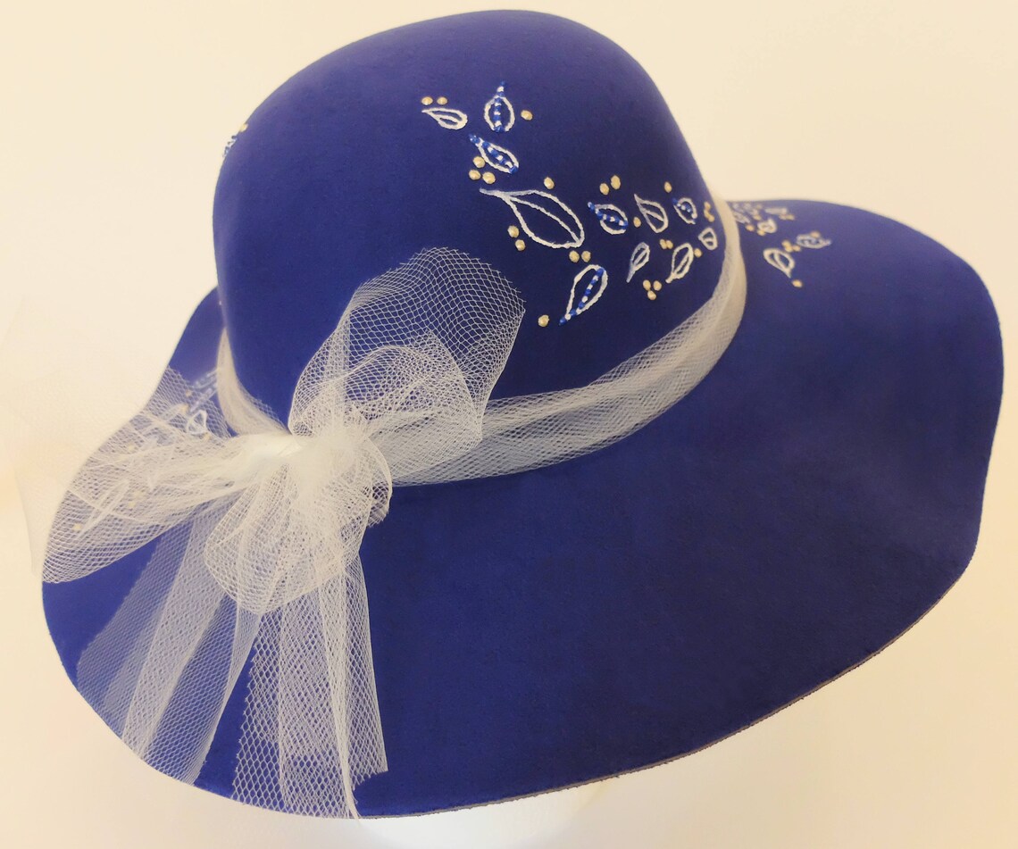 Hand Painted Wide Brimmed Hat--"deep Blue" - Etsy