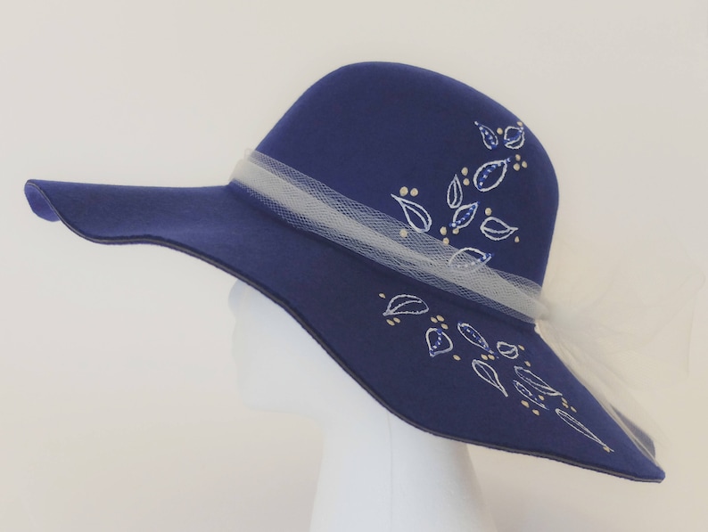 Hand Painted Wide Brimmed Hat--"deep Blue" - Etsy