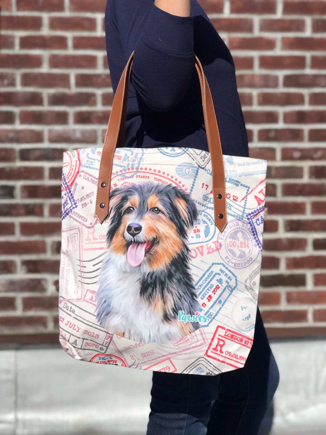 Mongrel Dog Print Tote Bag, Zippered, Vegan Leather Handles - Etsy