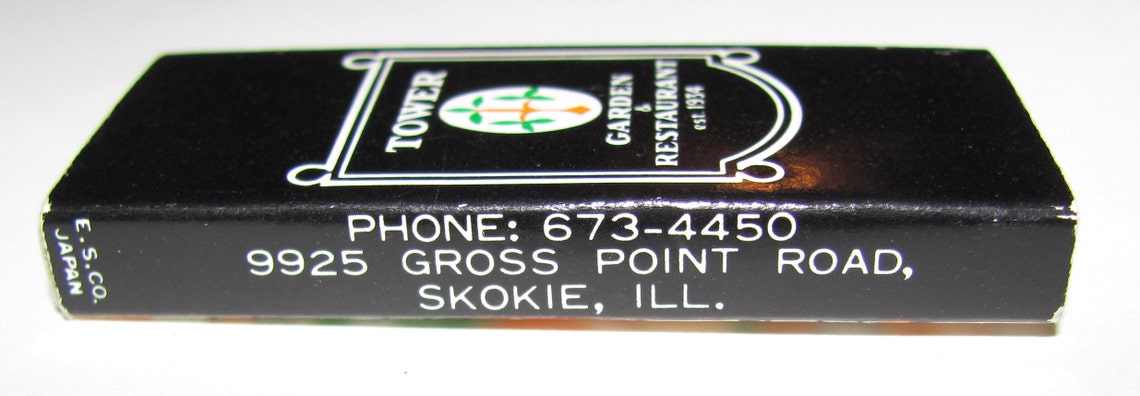 Vintage Full Matchbox Tower Garden & Restaurant Skokie Illinois IL Made ...