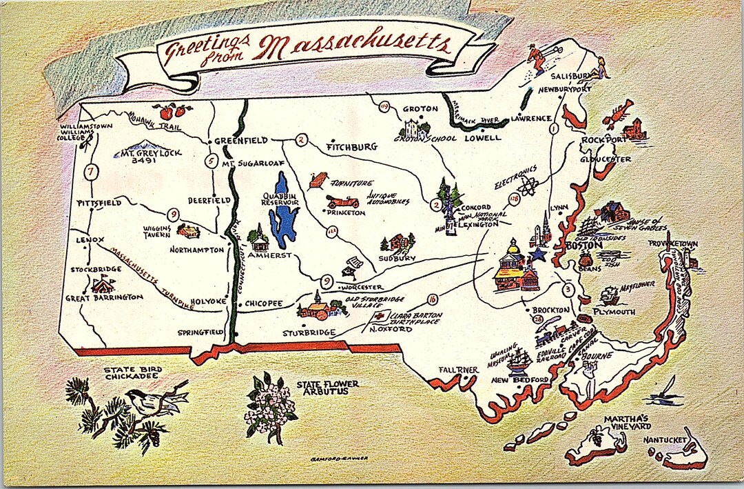Vintage 1962 Unposted Postcard Greetings From Massachusetts ...