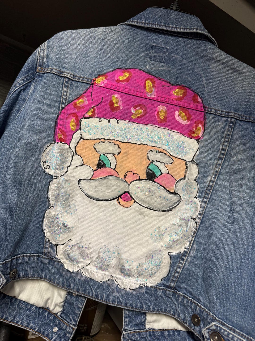 Hand Painted Denim Jacket Santa Christmas Clothes, Pink Santa, Glitter ...