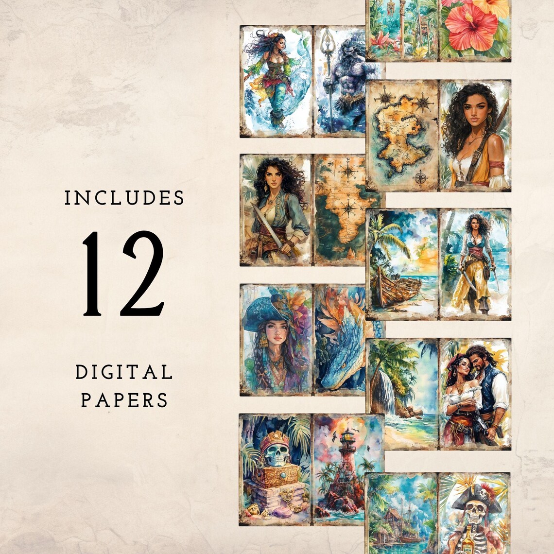 Pirate Adventure Junk Journal Paper: Pirate Queen, Ocean, Double Pages ...