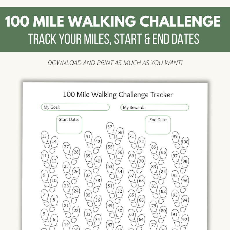 100 Mile Walking Challenge Tracker: Step Goal Printable, Digital ...