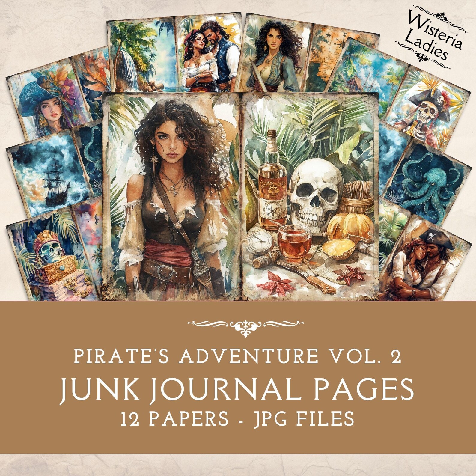 Pirate Adventure Junk Journal Paper: Pirate Queen, Ocean, Double Pages ...
