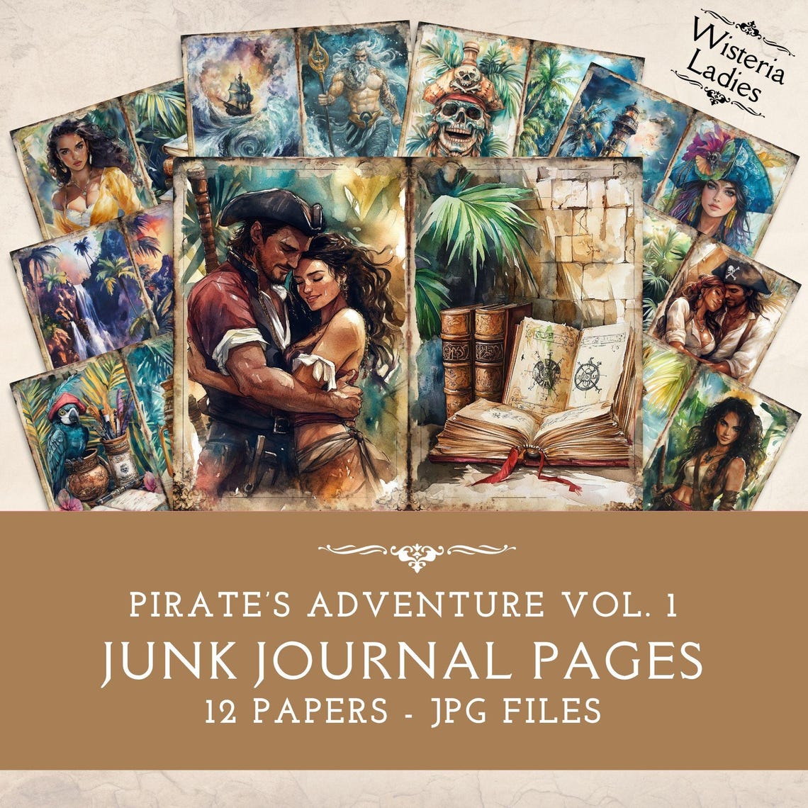 Pirate Adventure Junk Journal Paper: Pirate Queen, Ocean, Double Pages ...