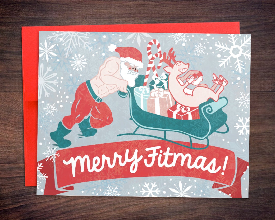 Merry Fitmas Christmas Card: Santa Sled Push - Fitness Holiday Card - Etsy