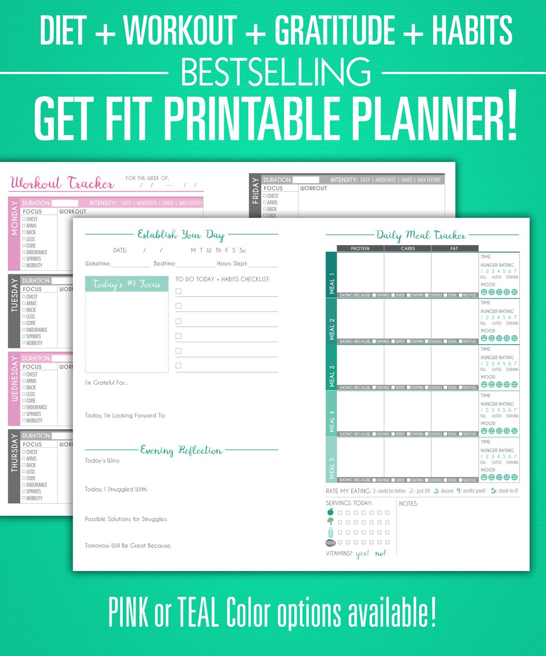 Printable Fitness Planner - Nutrition, Workout, Gratitude Bundle - A5 ...