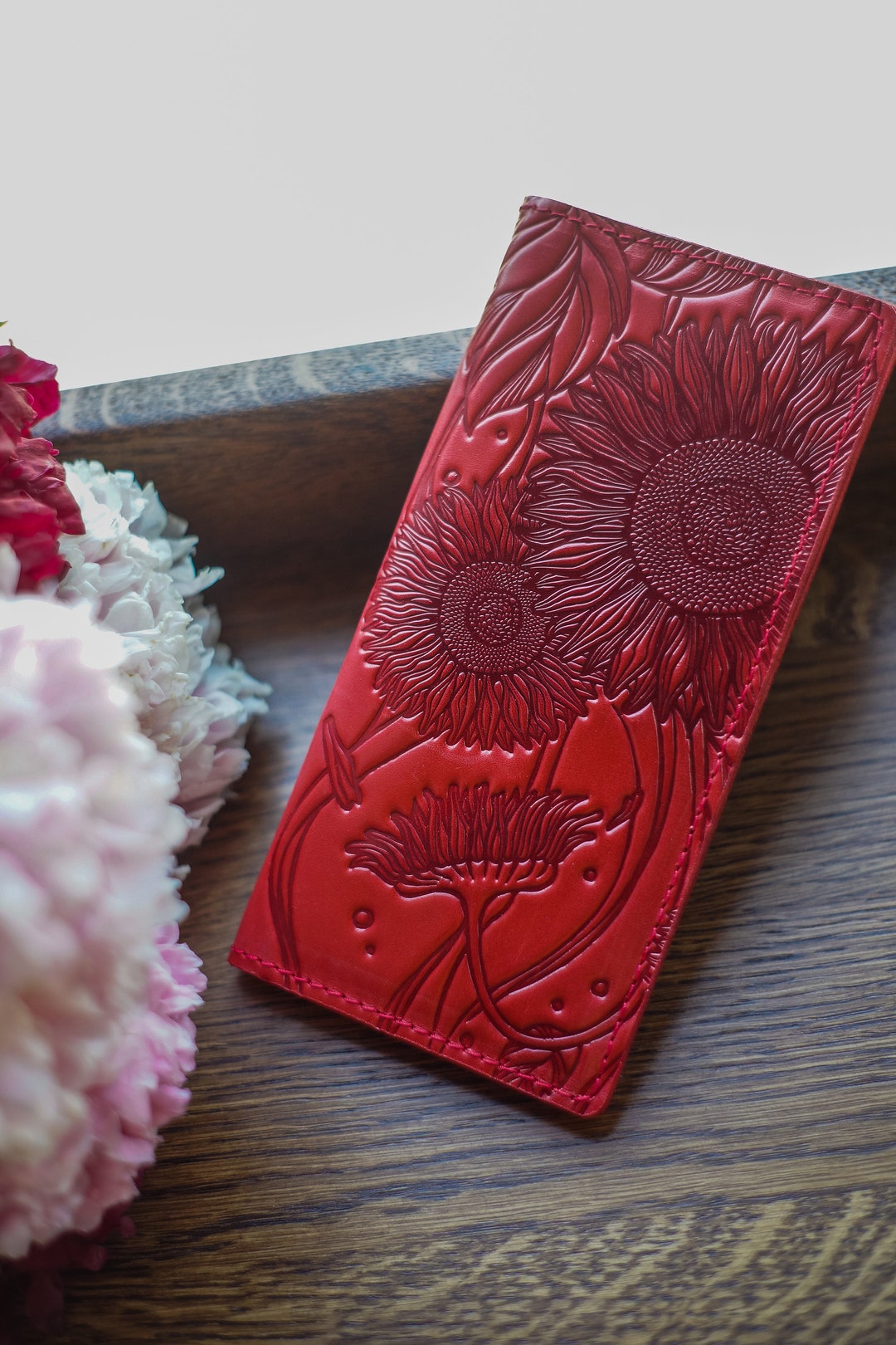 Red Leather Wallet Handmade Sunflower Womens Wallet Travel Wallet ...