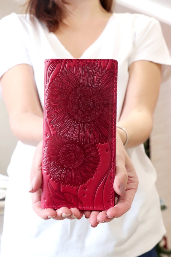 Personalized Unique Sunflower Red-Raspberry Leather Wallet | Etsy