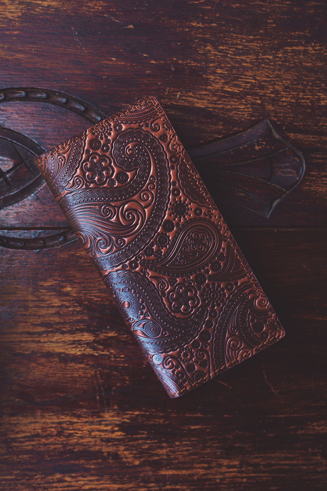 Personalized Unique Leather Paisley Embossed Pattern Wallet Brown Hand ...