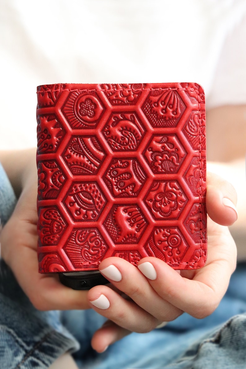 Personalized Leather Red Mini Slim Wallet Women Bifold Credit - Etsy