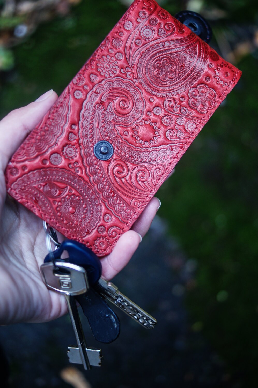 Red Leather Key Holder. Long Key Holder. Red Paisley Key - Etsy