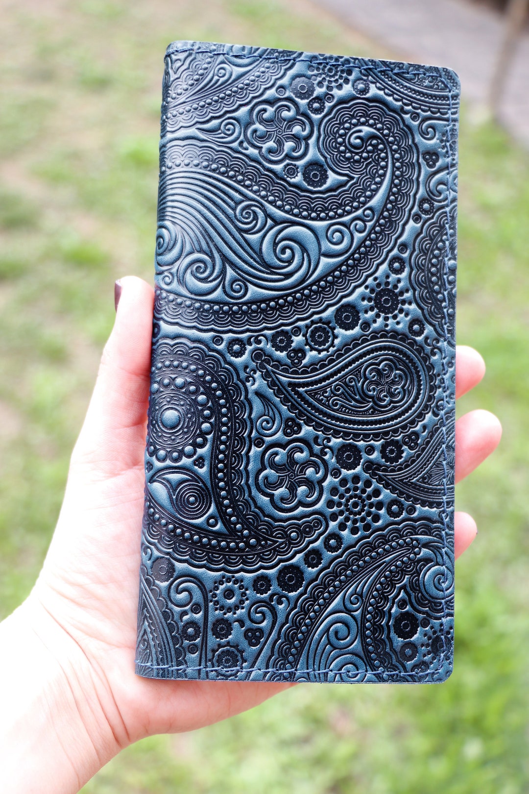 Personalized Exclusive Leather Paisley Embossed Pattern Blue Bifold ...