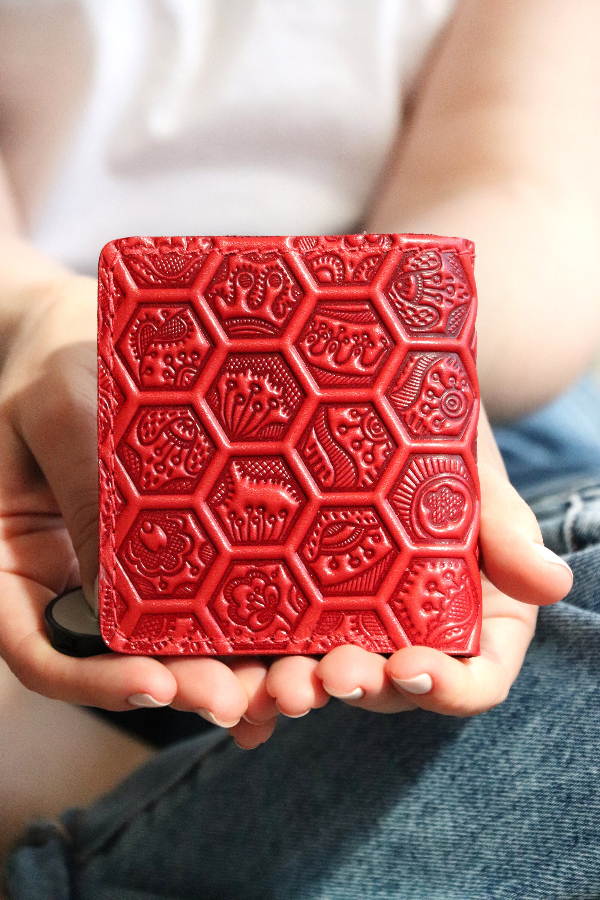 Personalized Leather Red Mini Slim Wallet Women Bifold Credit Card Case ...