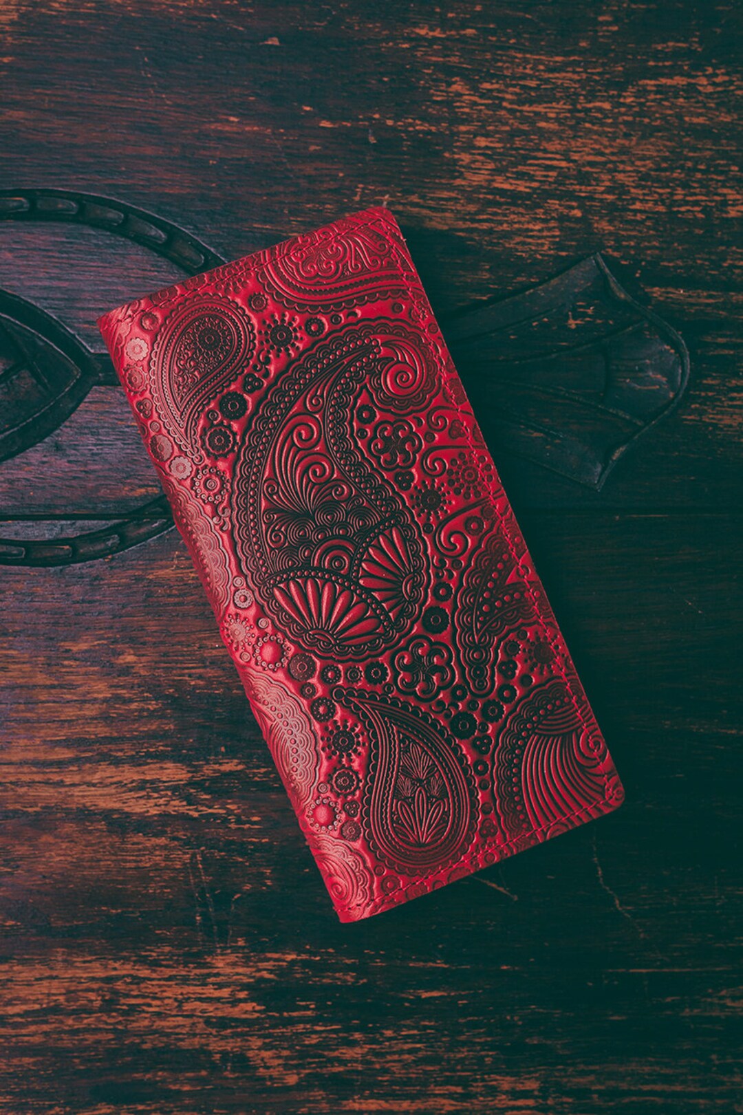 Personalized Unique Paisley Embossed Pattern Red Leather Wallet Long ...