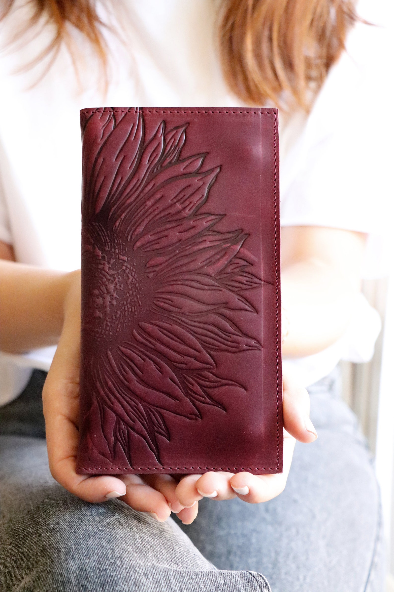 Personalized Full Grain Leather Wallet, Purple Wallet, Sunflower Wallet ...