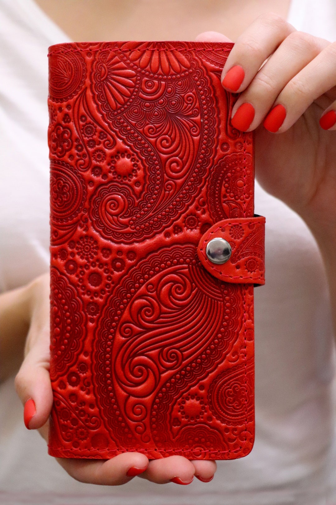 Personalized Unique Red Paisley Wallet Leather Bifold Long Handmade ...
