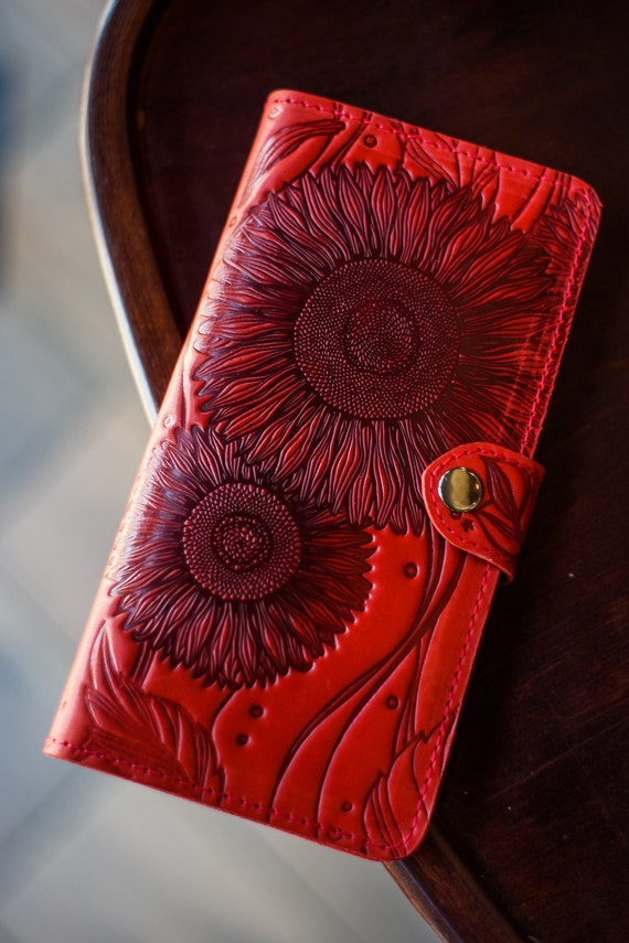 Personalized Unique Red Sunflower Leather Wallet Big College | Etsy