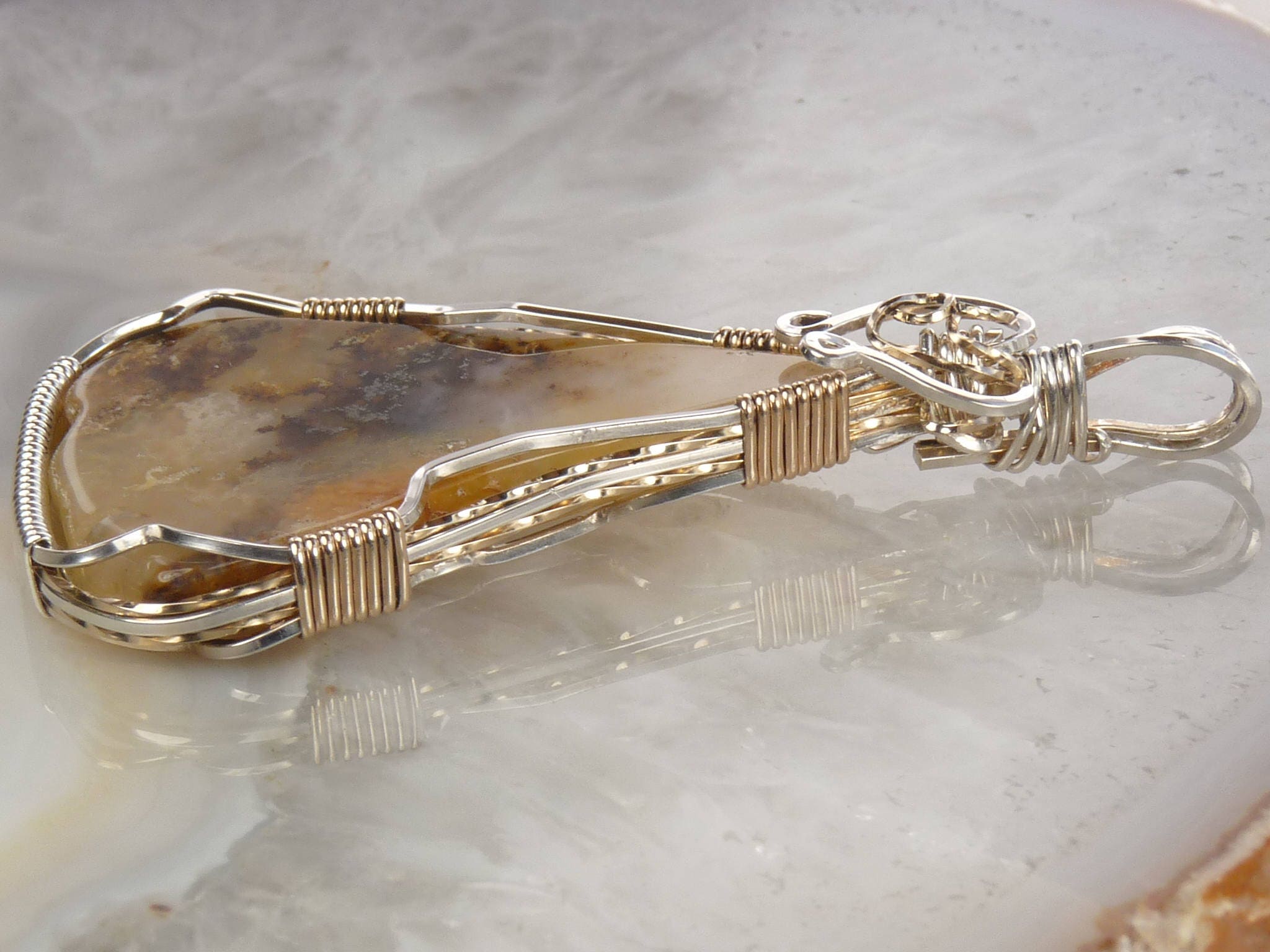 Regency Rose Plume Agate Wire Wrapped Pendant Mixed Metal Pendant ...
