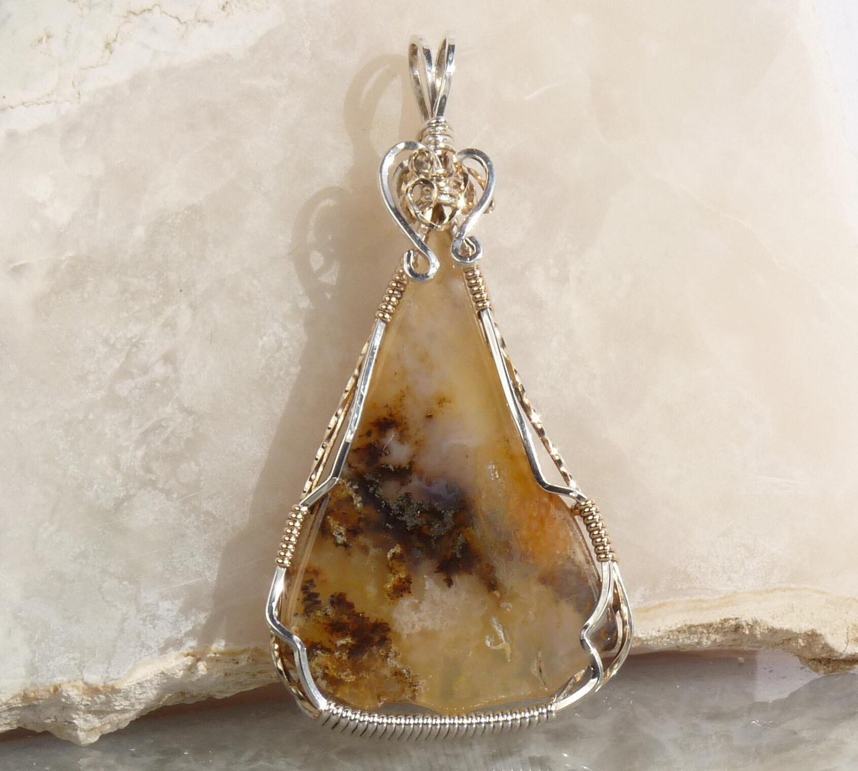 Regency Rose Plume Agate Wire Wrapped Pendant Mixed Metal Pendant ...