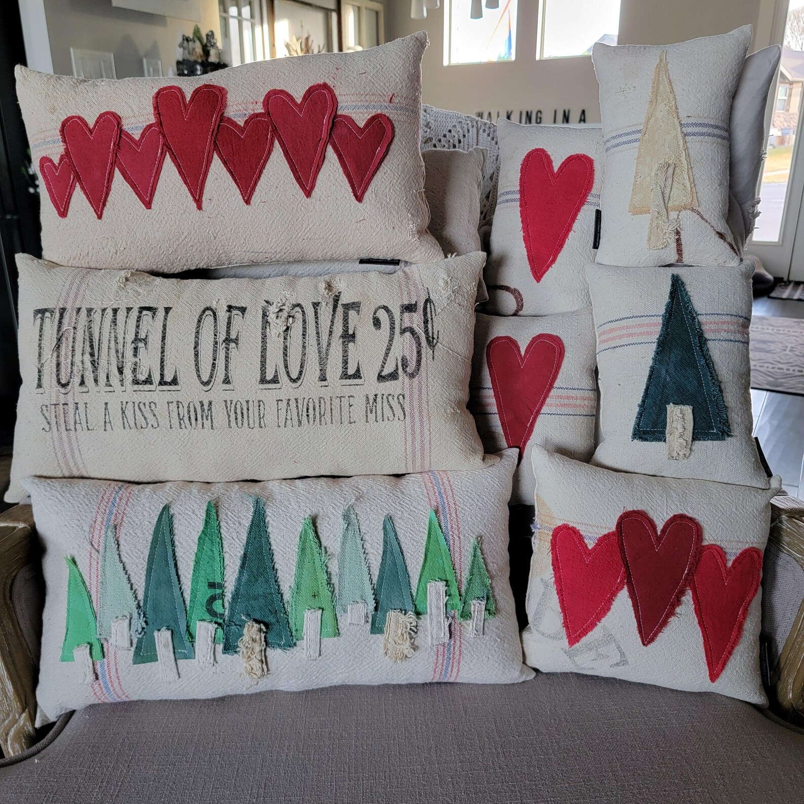 Vintage Grain Sack Pillow/ Trees - Multi-layered/ 18"x9" Primitive ...
