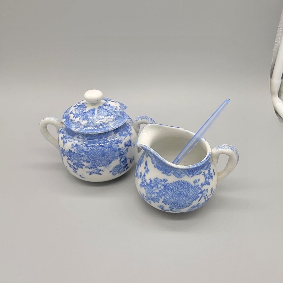 SET - Blue and White Floral Japanese Tea Set / Sugar and Creamer (A) - Etsy