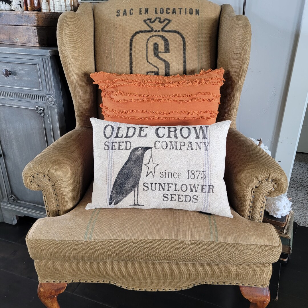 Vintage Double-sided Grain Sack Stenciled Pillow / Olde Crow Seed Co ...