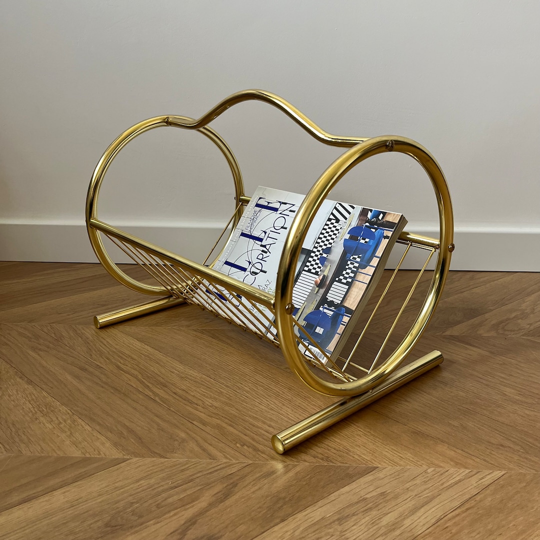 Gold Mid Century Metal Magazine Rack for Floor, 70s Vintage Newspaper ...
