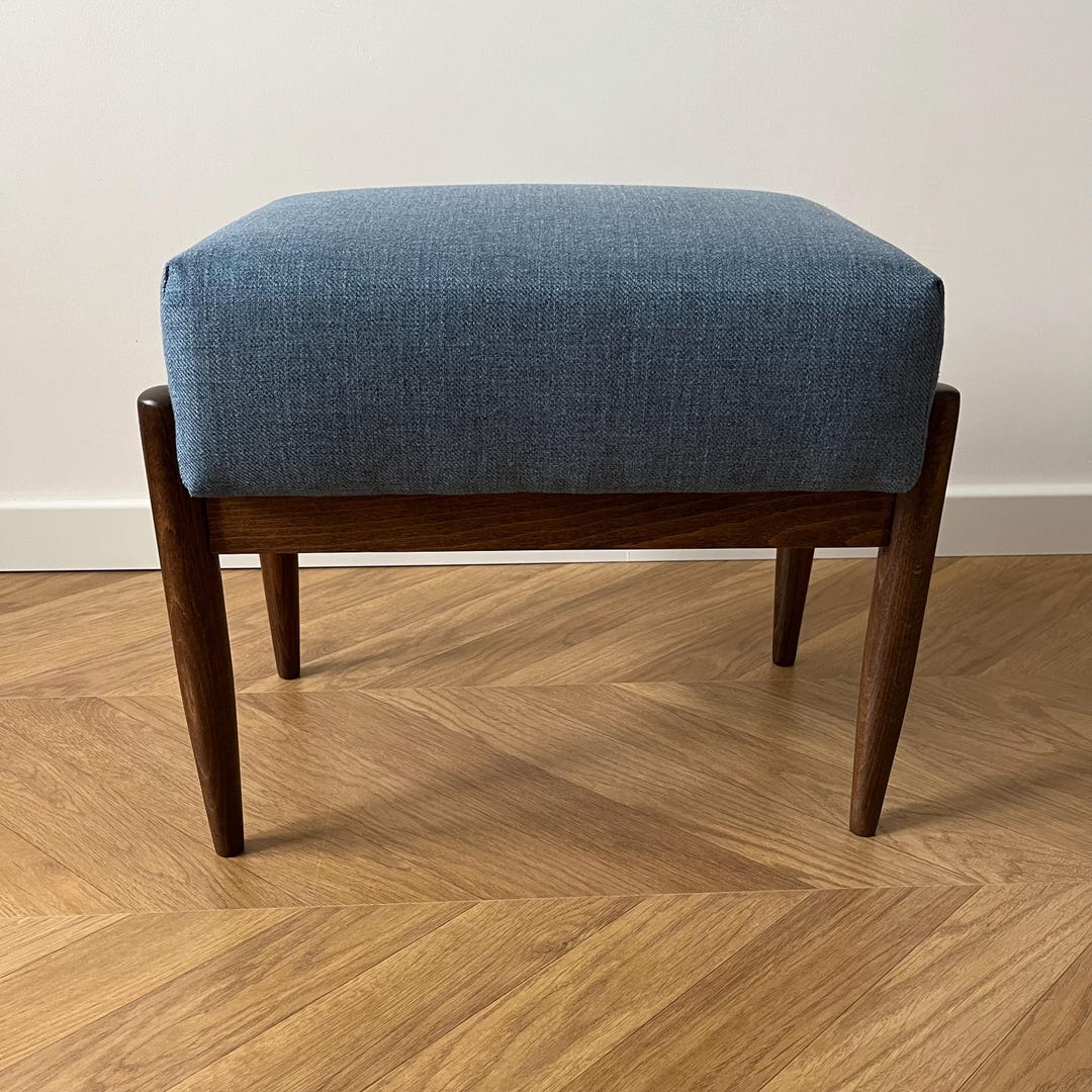 Vintage Mid Century Modern Footstool, Blue Upholstered Ottoman, Polish ...