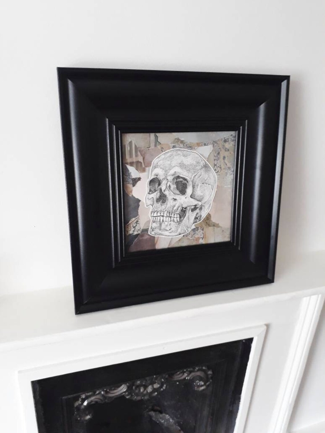 Human Skull Dotwork Drawing With Collage Background - Etsy