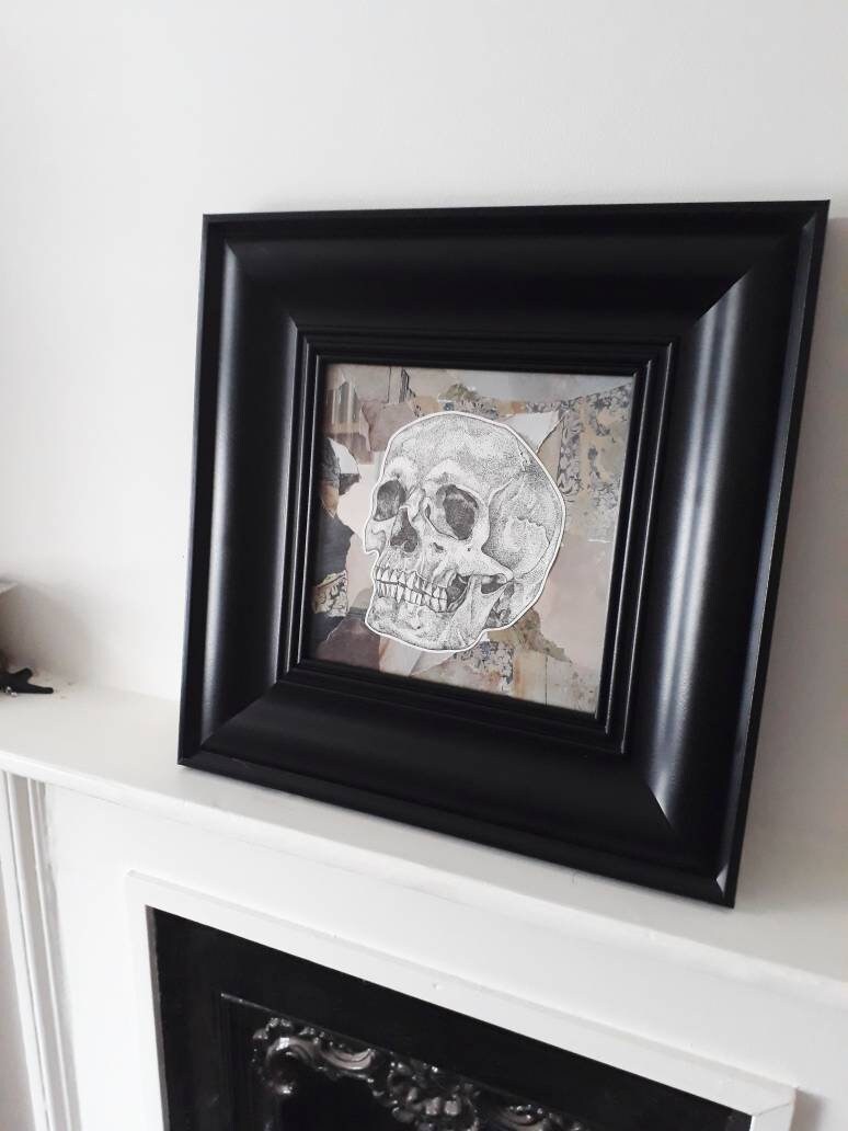 Human Skull Dotwork Drawing With Collage Background - Etsy