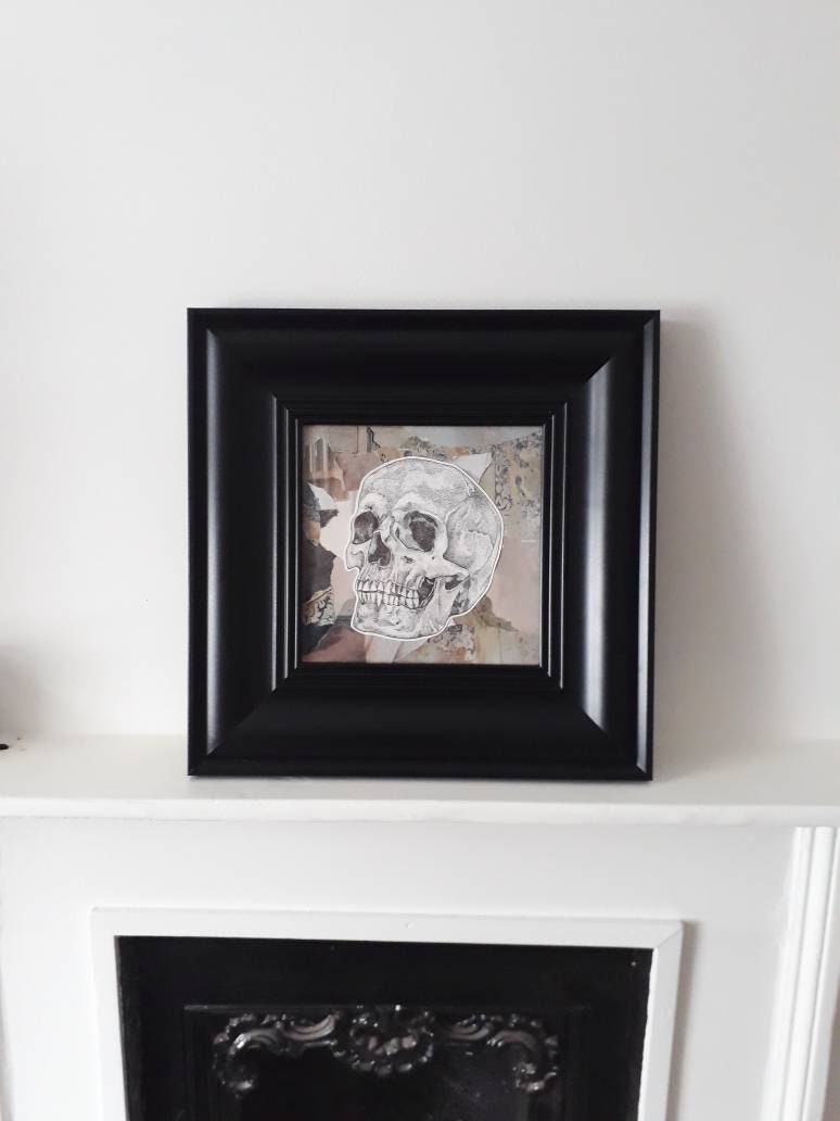 Human Skull Dotwork Drawing With Collage Background - Etsy