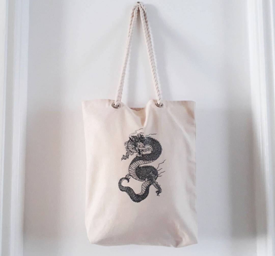 Rope Handle Dragon Tote Bag Dragon Design on Sturdy Cotton - Etsy