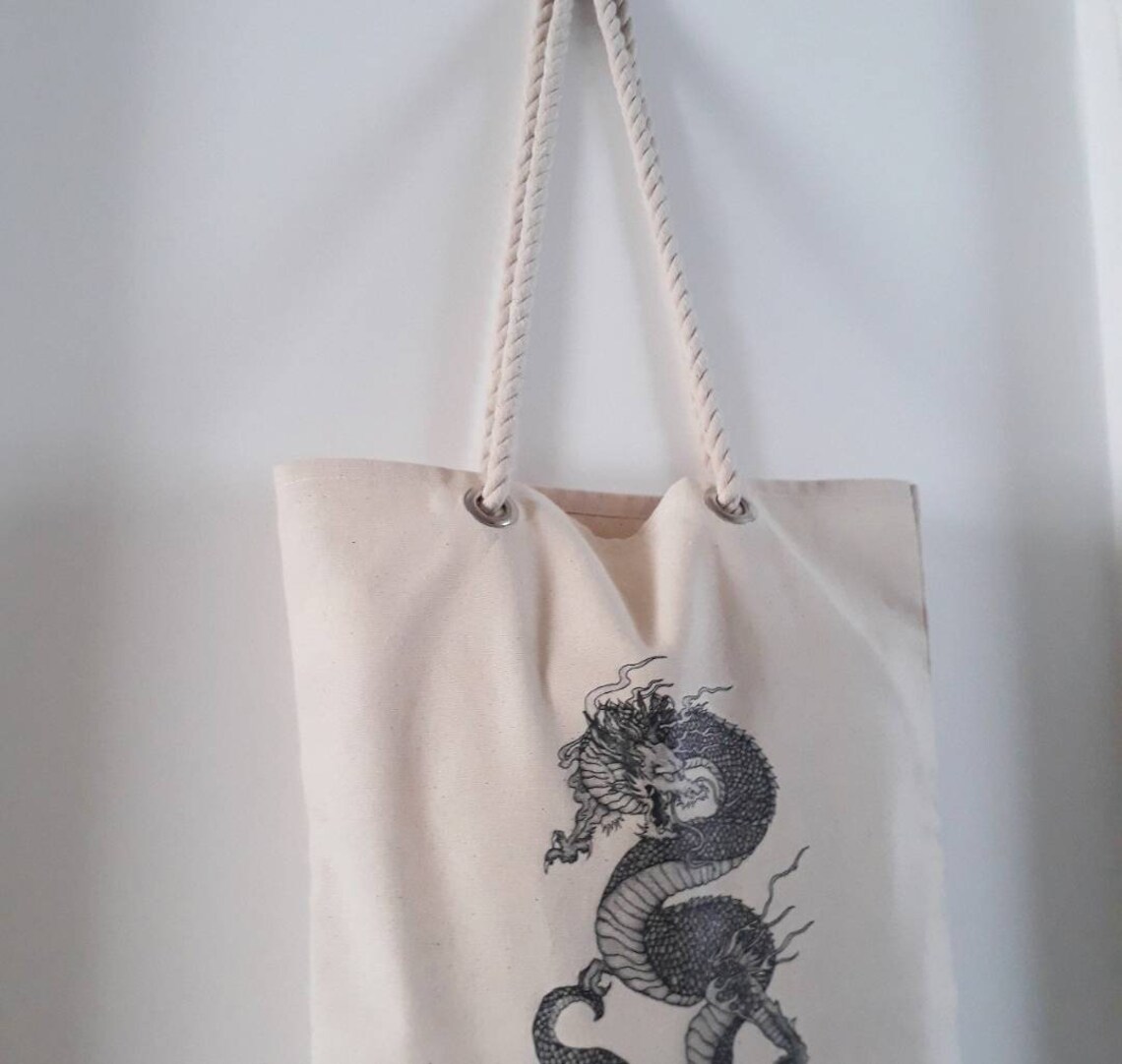 Rope Handle Dragon Tote Bag Dragon Design on Sturdy Cotton - Etsy