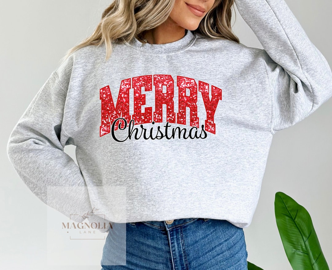 MERRY CHRISTMAS Crewneck Sweatshirt Red Faux Sequins Holiday Sweatshirt ...