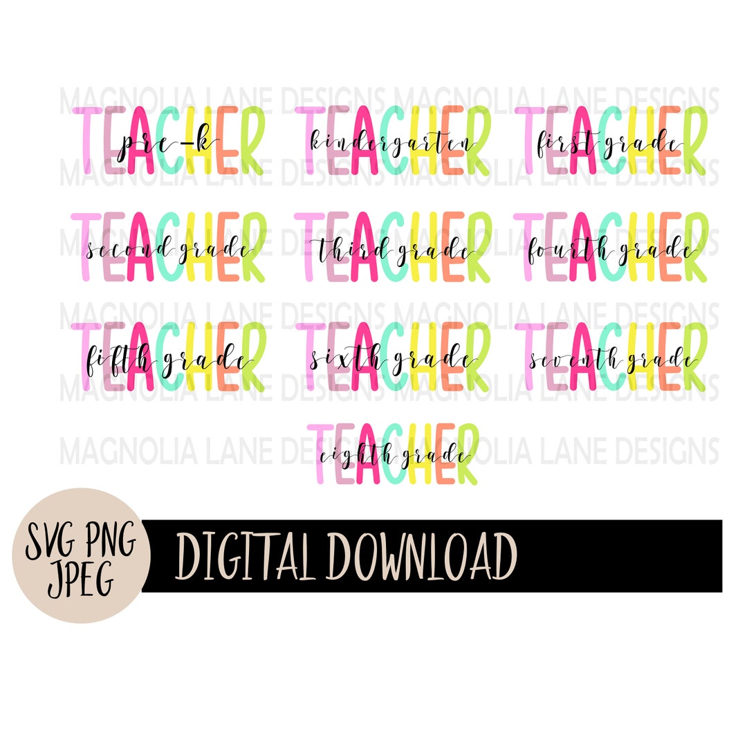 TEACHER SVG, Grade Level, Bundle, Teacher, Bright Colors, Svg, Jpeg ...