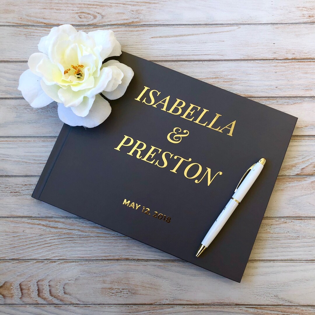 Custom Traditional Charcoal and Gold Wedding Guest Book, Instax Wedding ...